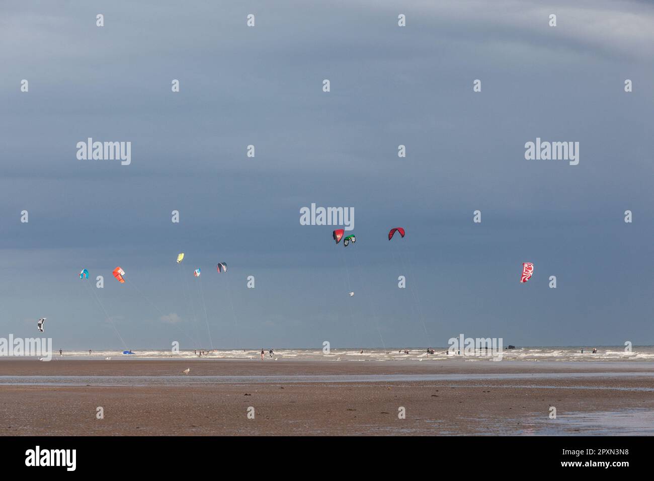 Sunny windy Camber Sands at Rye Bay by English Channel on Sussex Kent ...