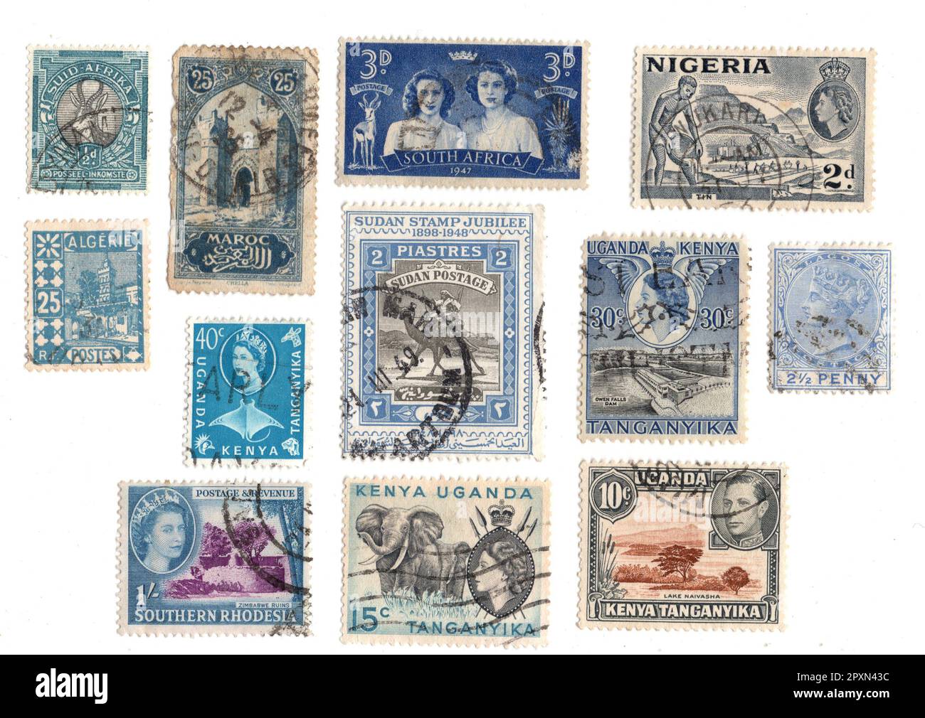 Blue vintage postage stamps from Africa isolated on a white background ...