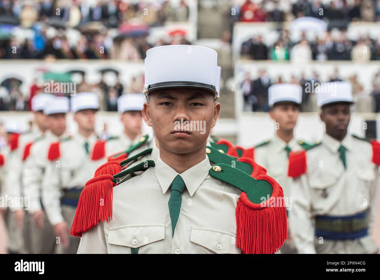 Aubagne, France. 30th Apr, 2023. Young legionnaires are seen after ...