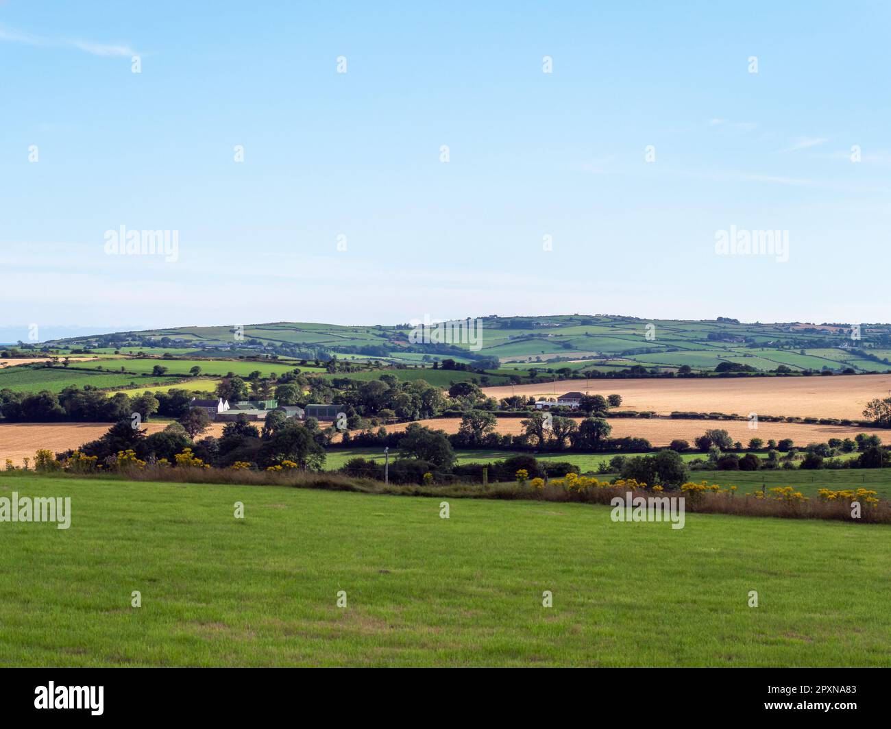 farm fields and hills in the evening in Ireland. Irish rural landscape ...