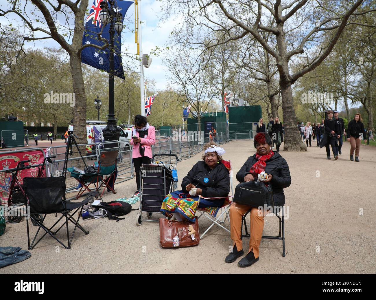 London, UK. 02nd May, 2023. Friends camp out in preparation for the ...