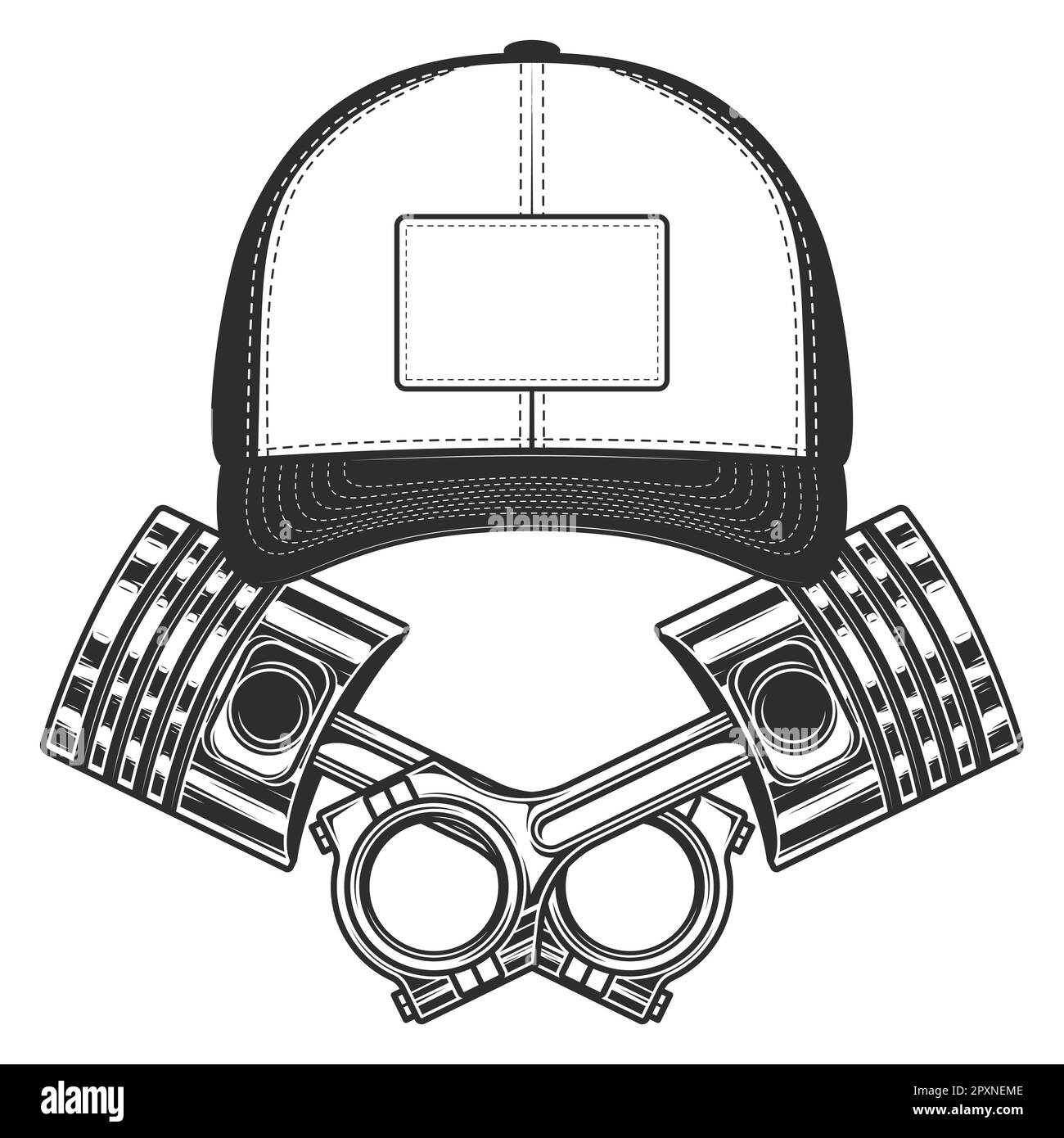 Engine piston and baseball cap on white background isolated monochrome ...