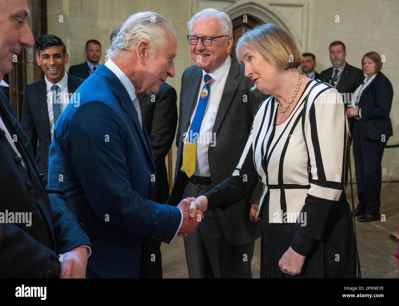 King Charles III speaks with Harriet Harman during his visit to ...