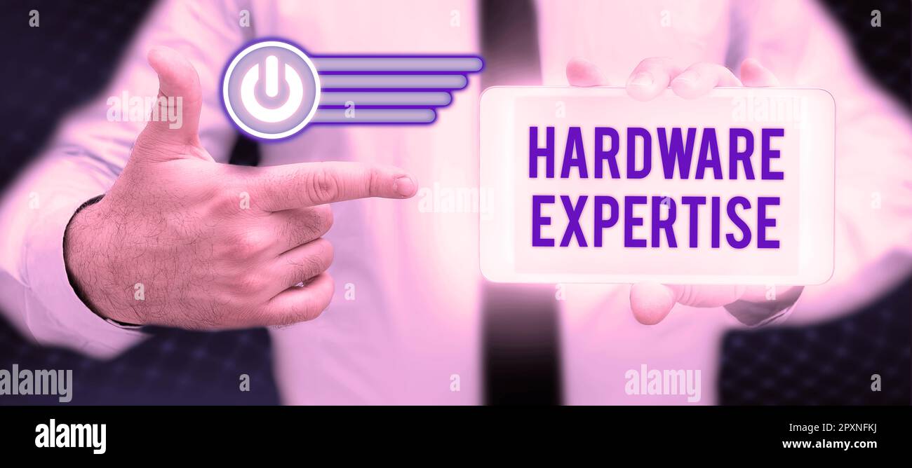 Hand writing sign Hardware Expertise, Business overview machines and ...