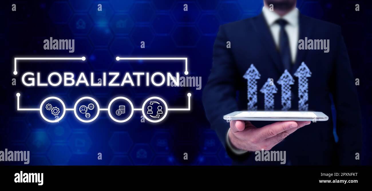 Sign displaying Globalization, Word for development of an increasingly ...