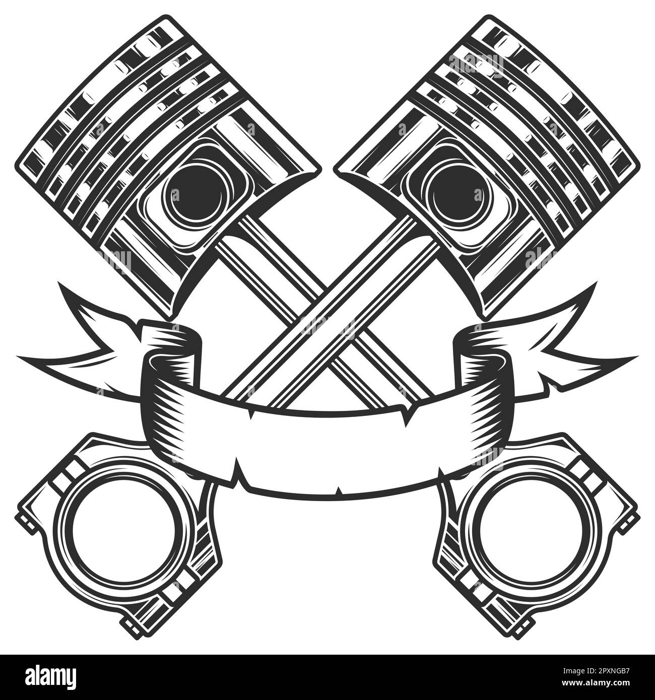 Engine piston with ribbon on white background isolated monochrome ...