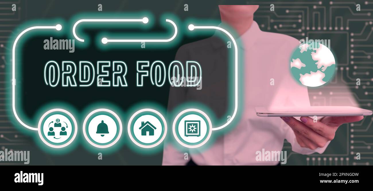 Text caption presenting Order Food, Word Written on the process of ...