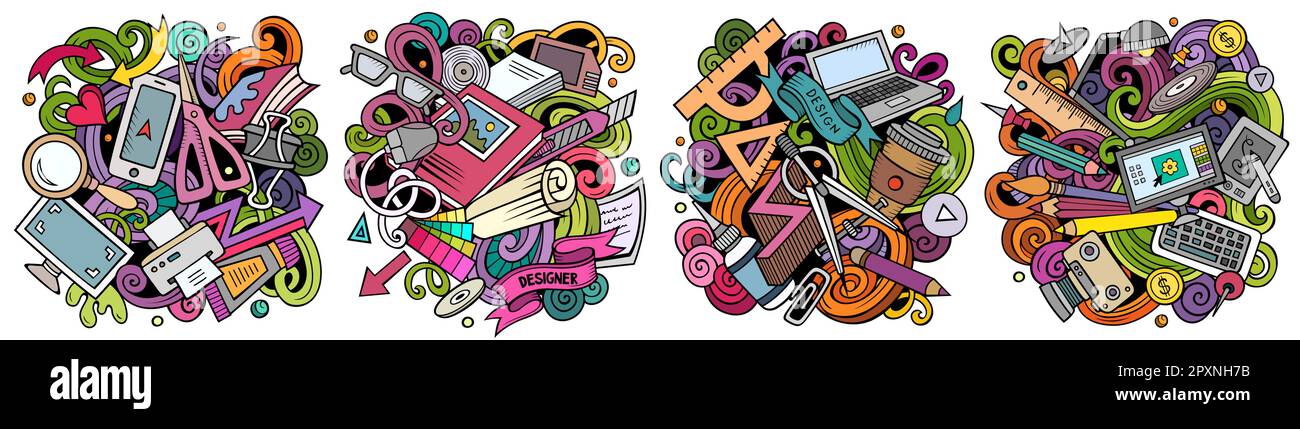 Designer cartoon vector doodle designs set. Colorful detailed ...