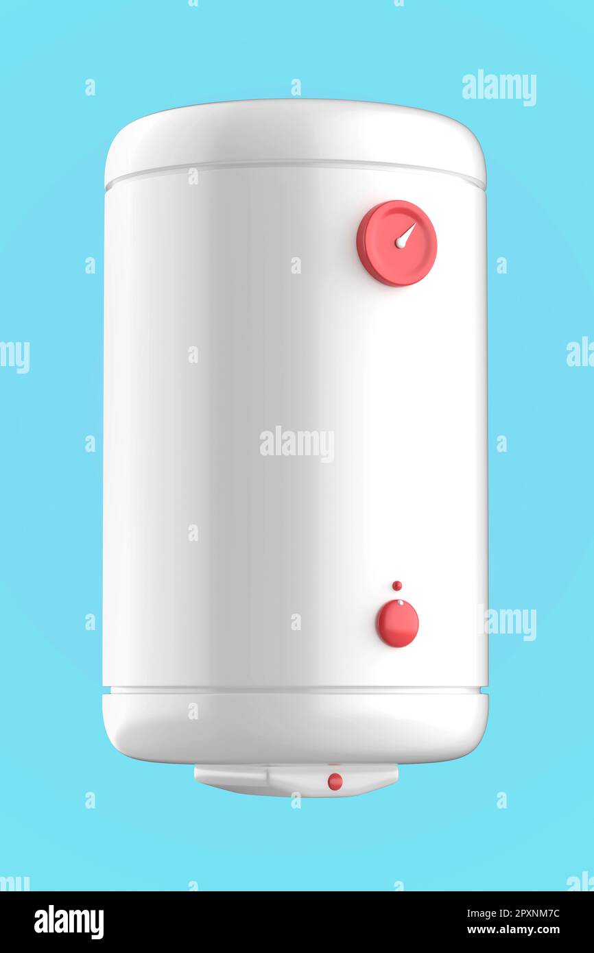 White simple electric water heater on blue background Stock Photo - Alamy