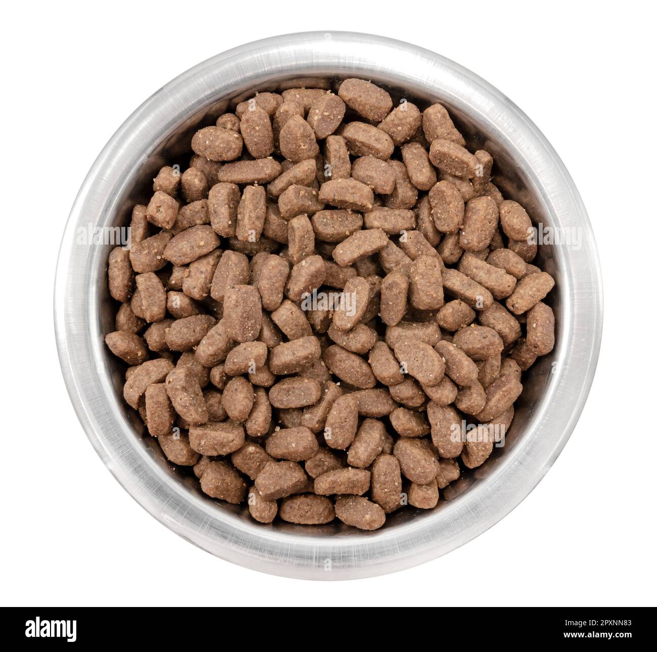 Metal bowl with dog food on a white background. View from above. Food ...