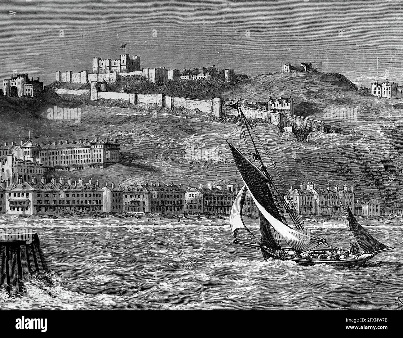 Dover from the Sea. A view including a small sailing ship on the water ...