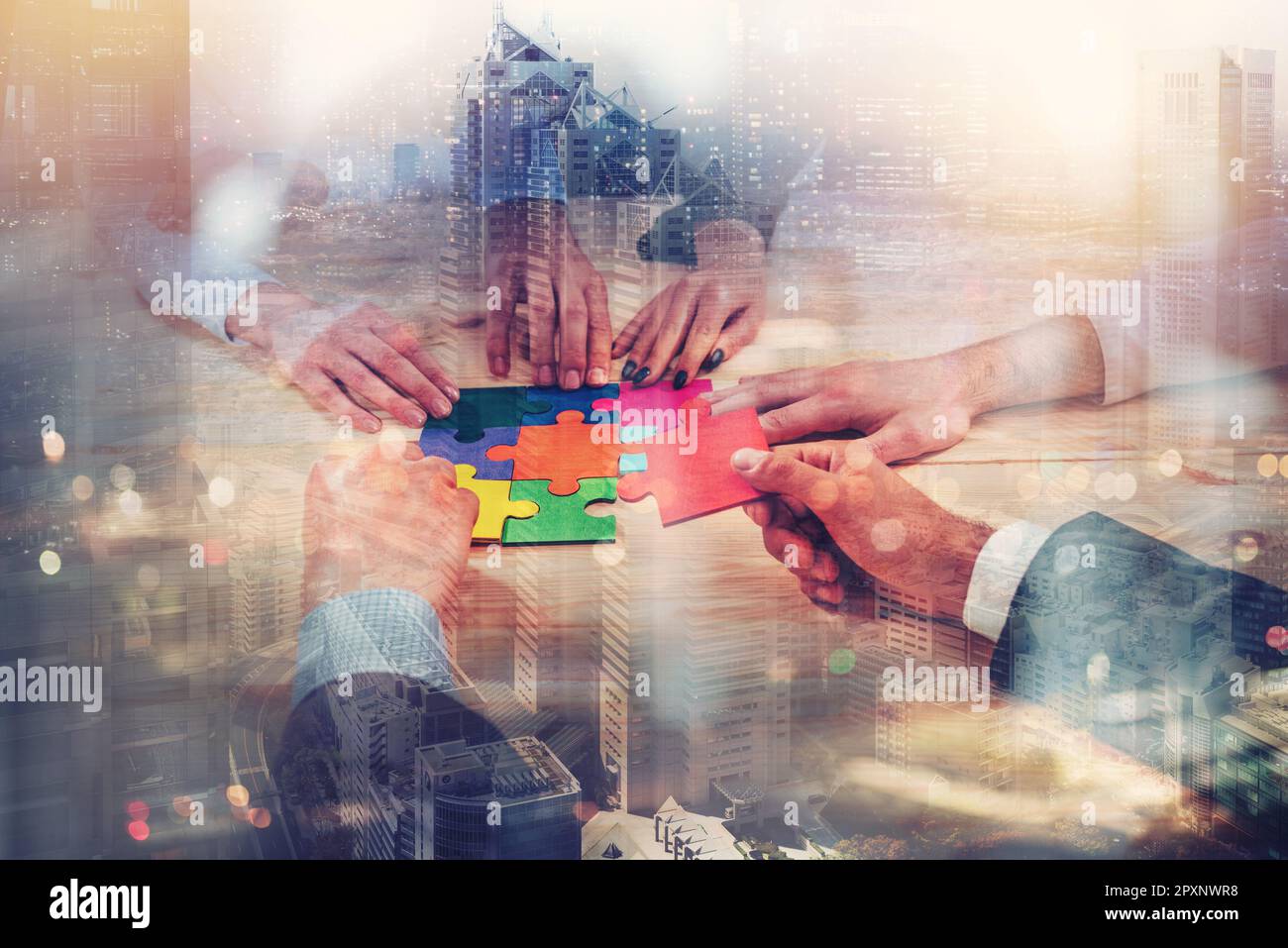 Business people connect puzzle pieces as integration and startup Stock ...