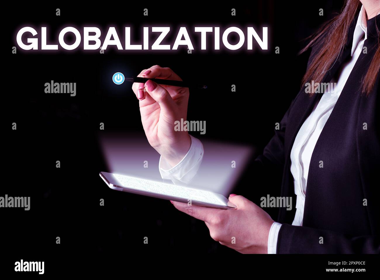 Text caption presenting Globalization, Word for development of an ...