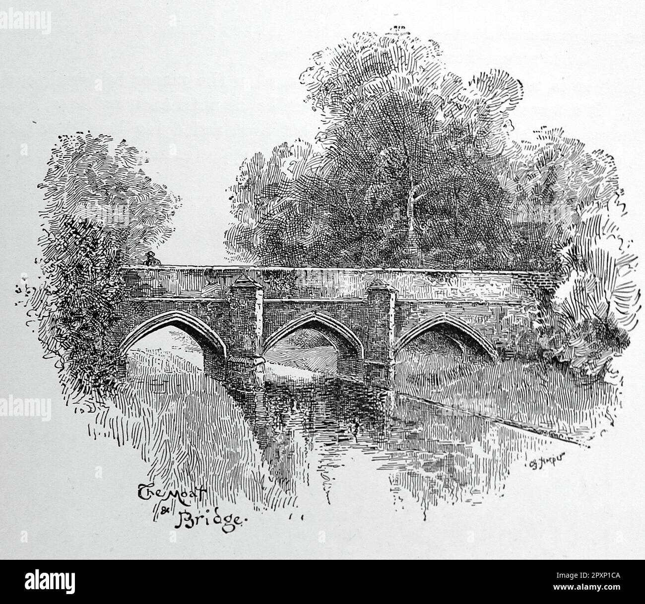 The Moat Bridge, Eltham Palace. A bridge with three arches over the ...
