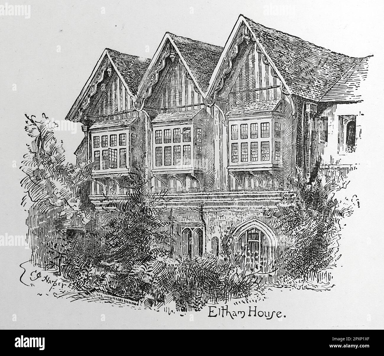 Eltham House. A close-up view of the fascia, including windows. From an ...