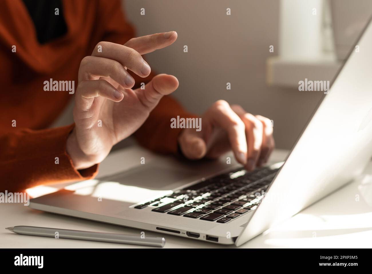 Office manager male hands typing on laptop keyboard, closeup ...
