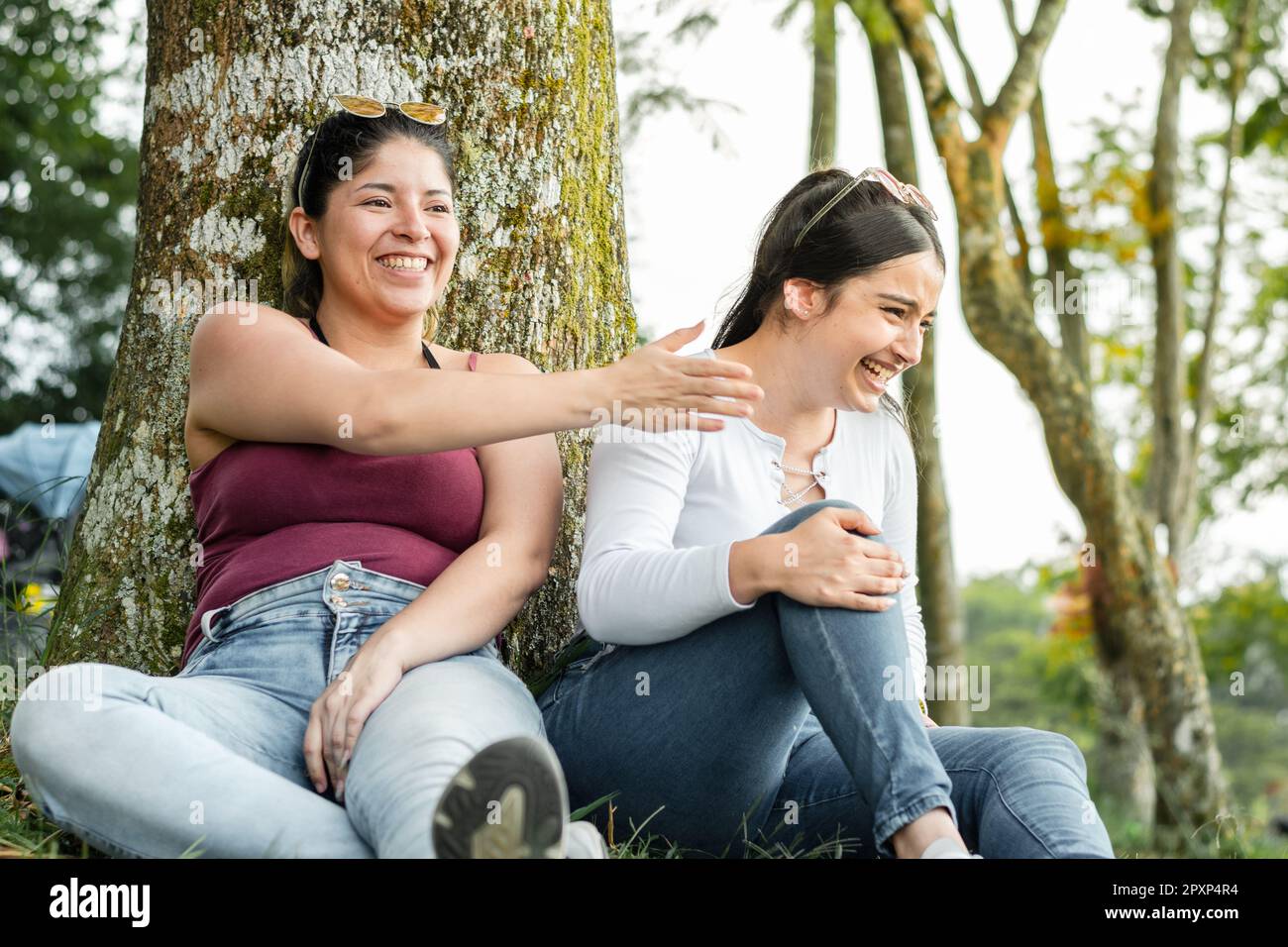 young latin women leaning against a tree, laughing their heads off ...
