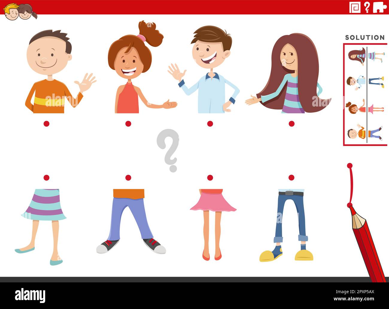 Cartoon illustration of educational game of matching halves of pictures ...