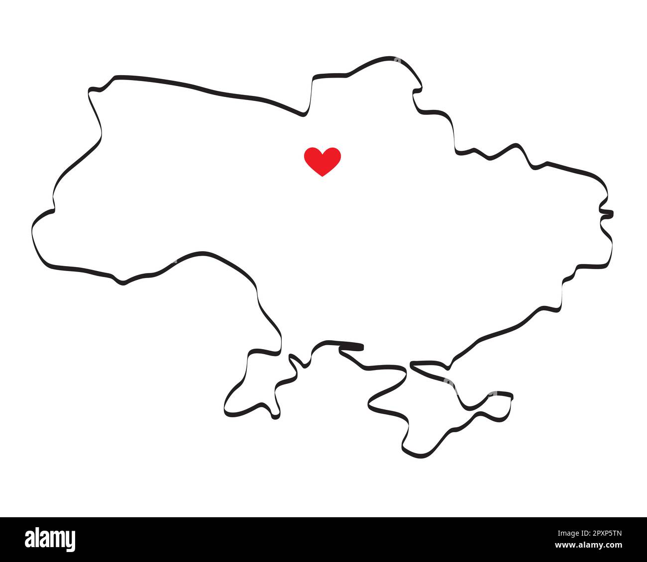Minimalistic drawing of a map of Ukraine with a red heart in the place ...