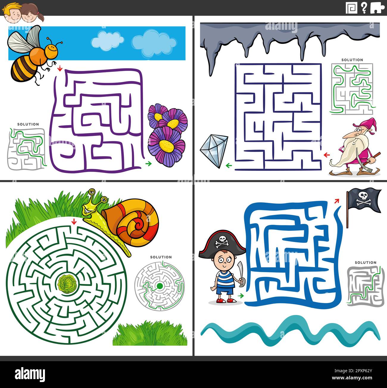 Cartoon illustration of educational maze puzzle games set with funny ...