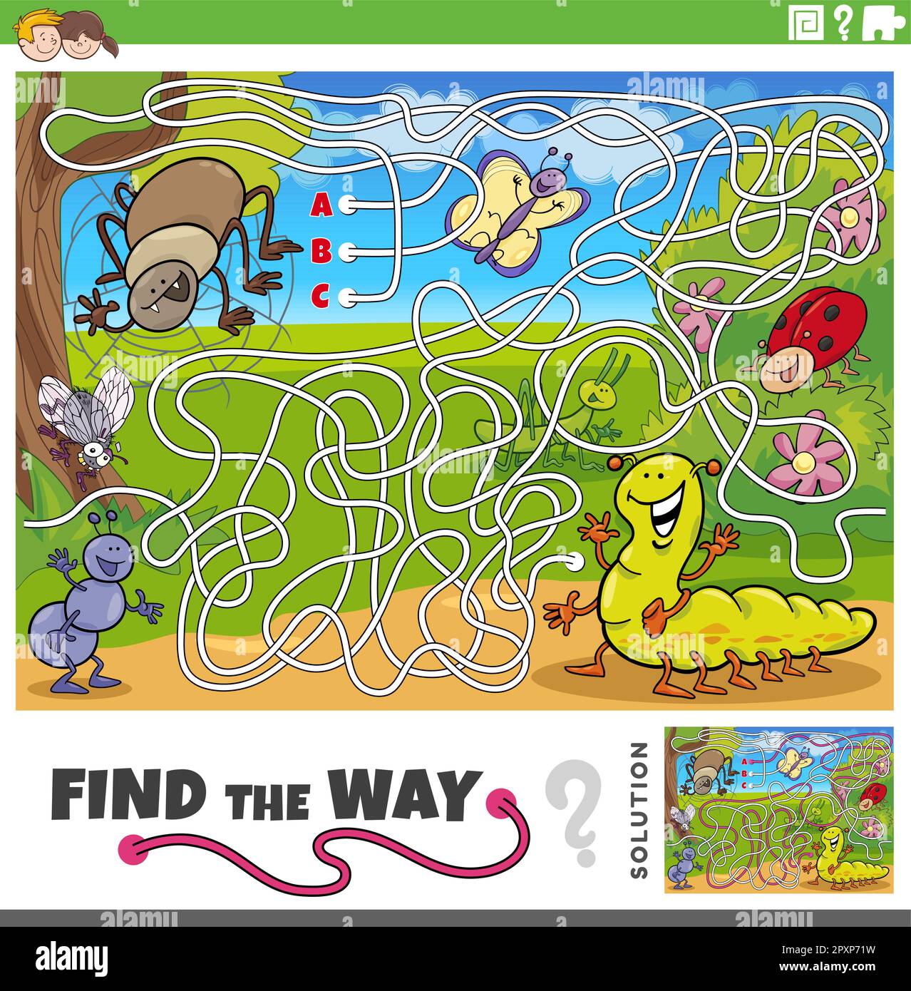 Cartoon illustration of find the way maze puzzle game with funny ...