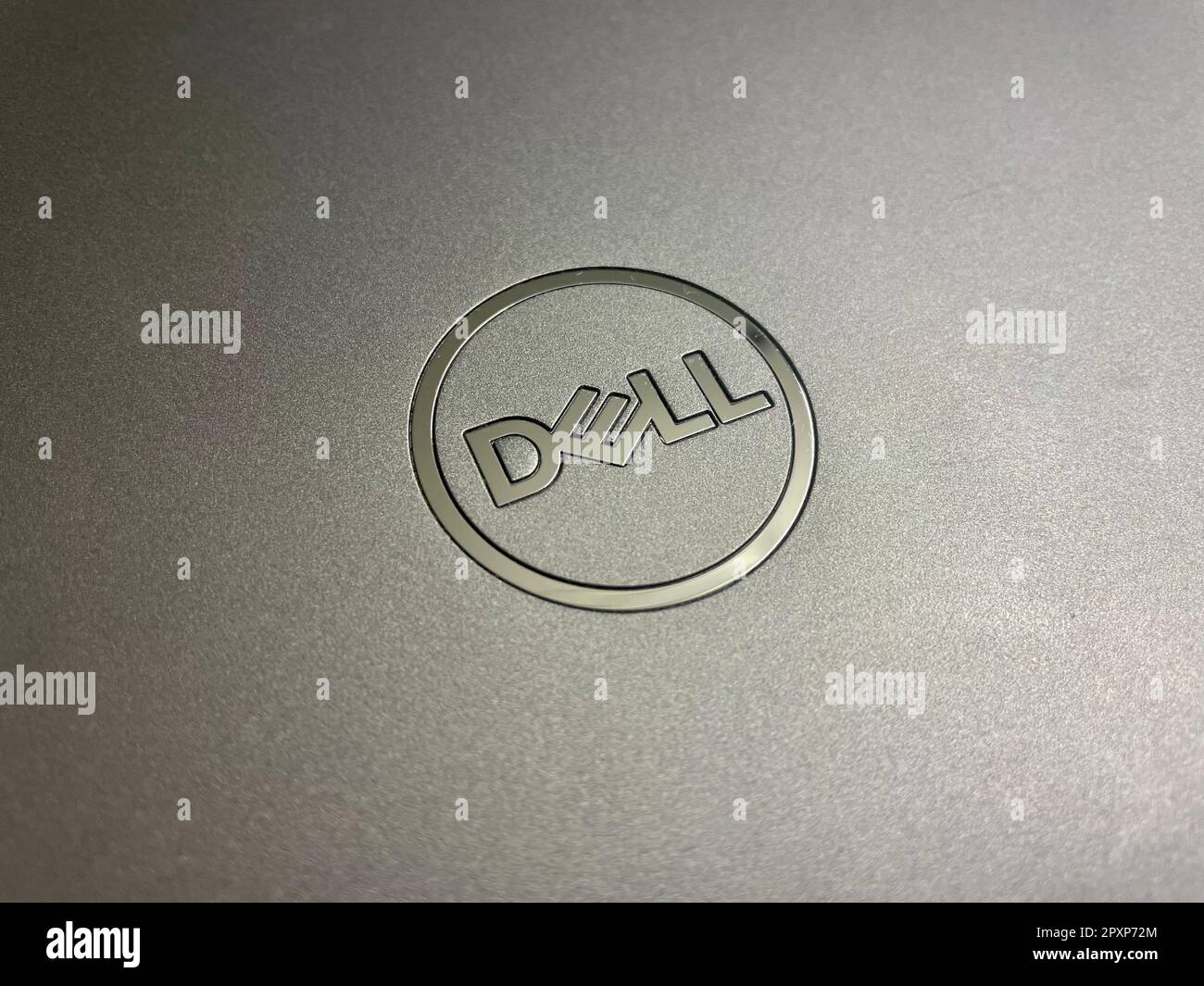Prague, Czech Republic - May 2 2023: Dell logo on a laptop's aluminium ...
