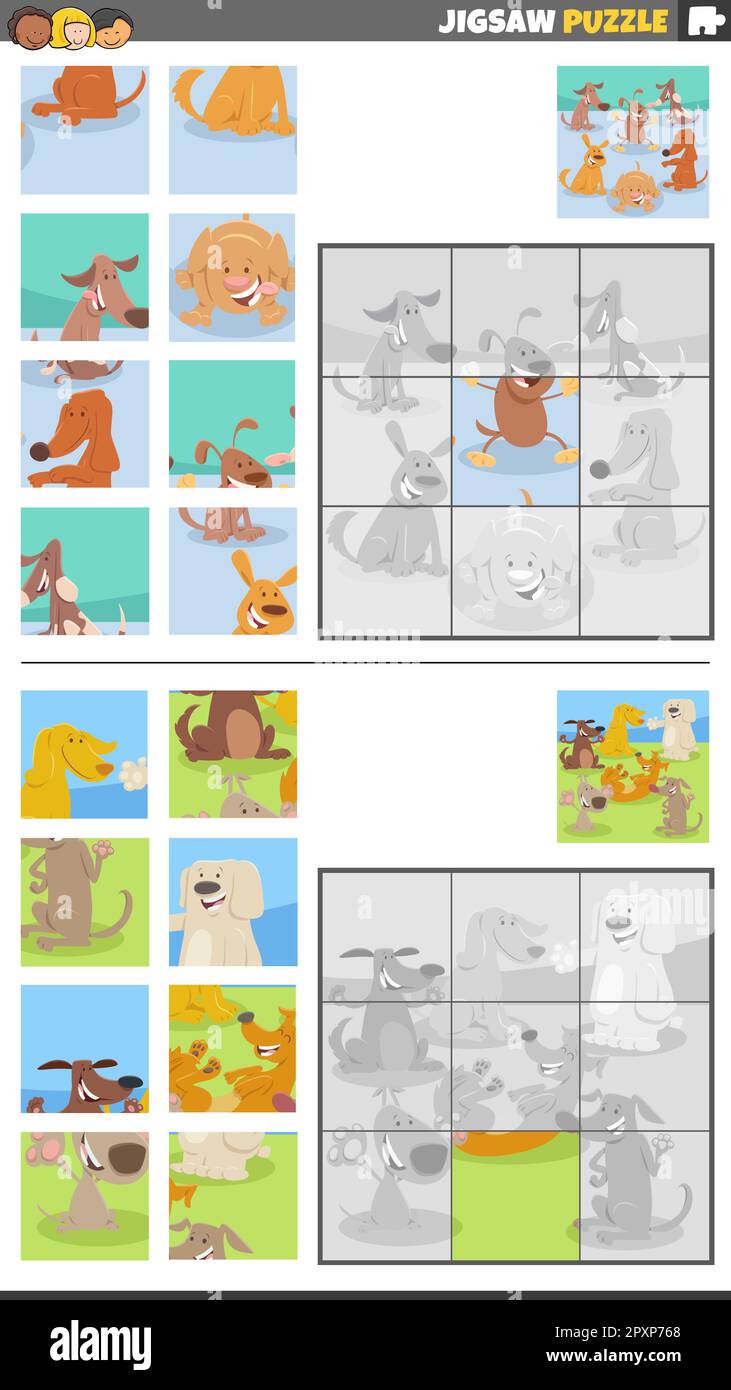 Cartoon illustration of educational jigsaw puzzle games set with dogs ...