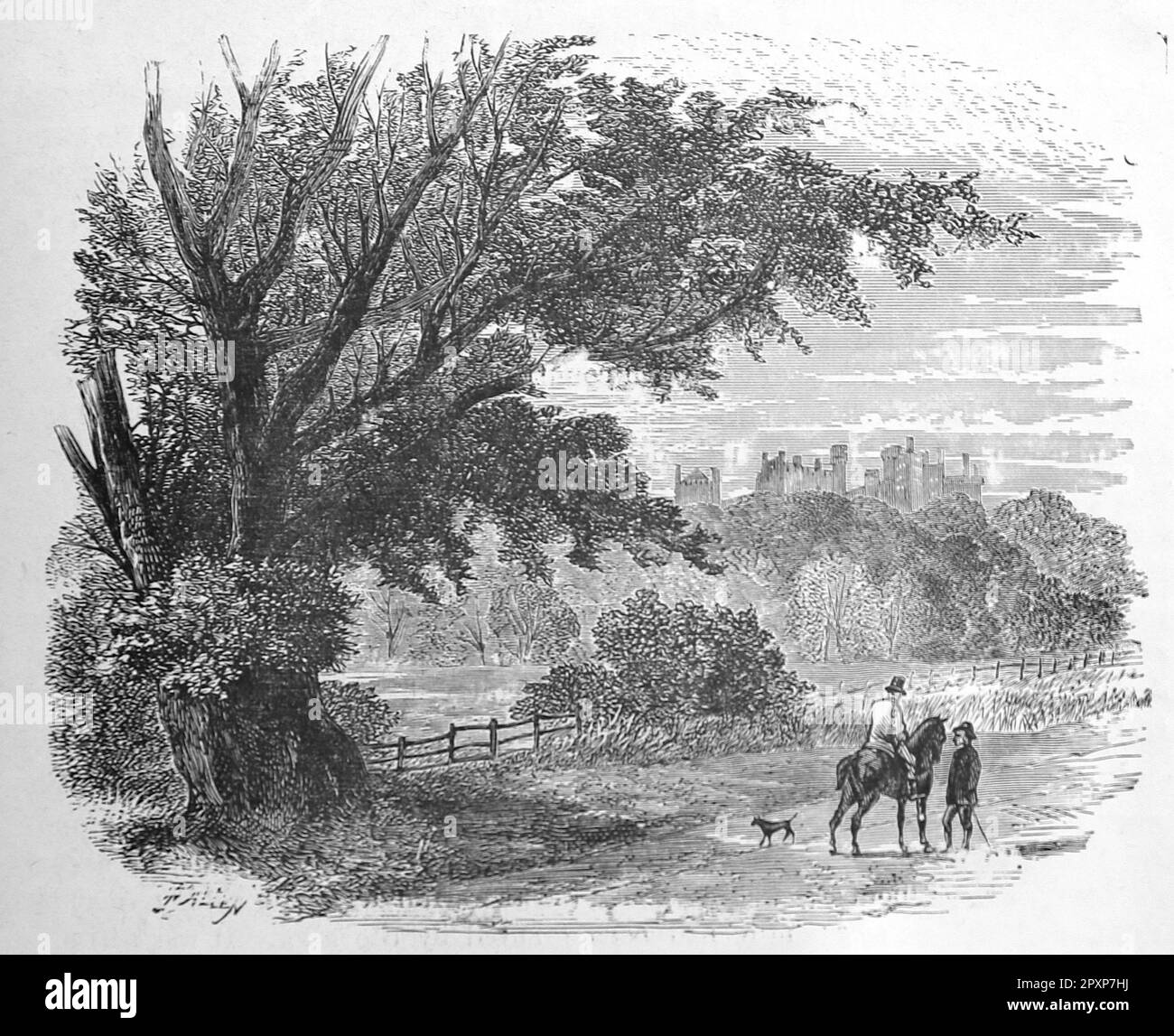 Belvoir Castle from Grantham Road. Man on horseback and another on the ...