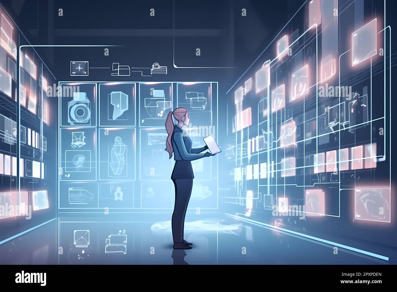 A woman stands in front of a wall of computer screens with icons on it ...