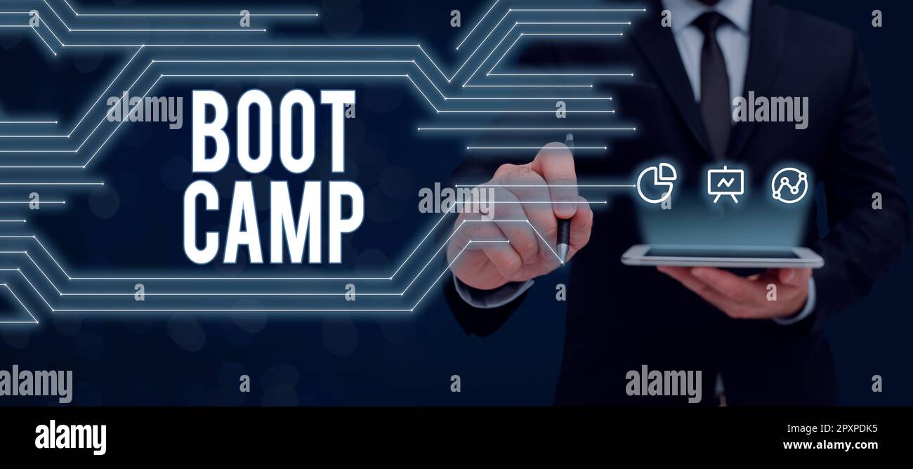 Hand writing sign Boot Camp, Concept meaning Military training camp for ...