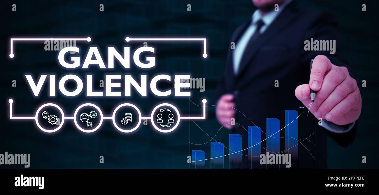 Hand writing sign Gang Violence, Word for infringement of the laws ...