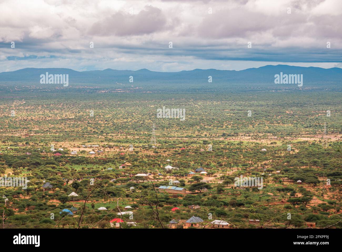 Aerial view of Longido township in Tanzania with Mount Meru at the ...