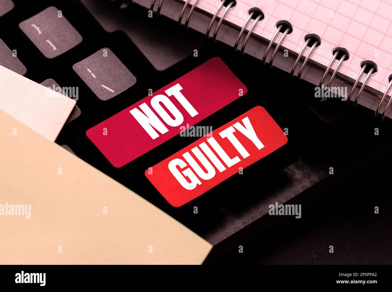 Sign displaying Not Guilty, Word for someone is innocent didnt commit ...