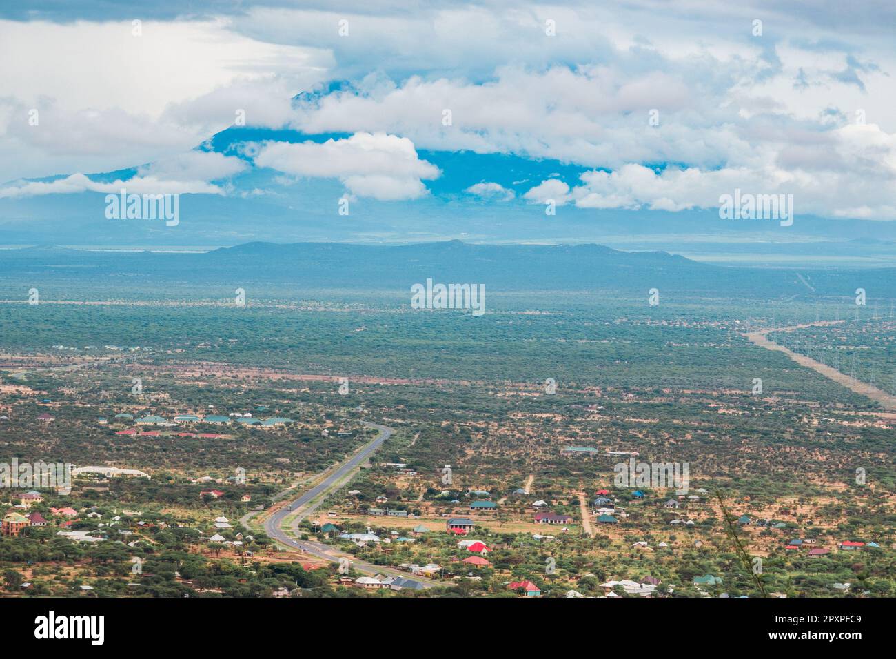 Aerial view of Longido township in Tanzania with Mount Meru at the ...
