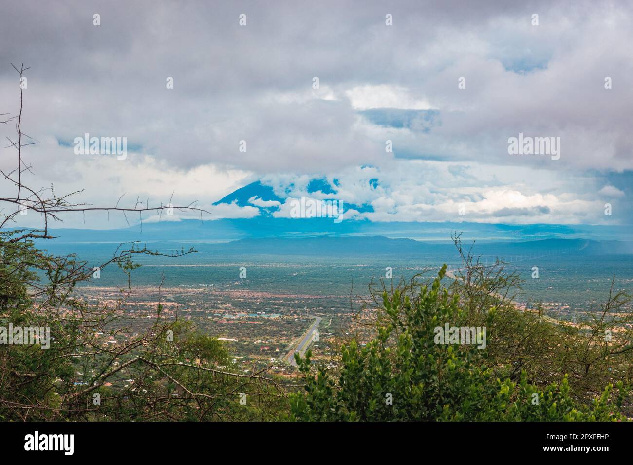 Aerial view of Longido township in Tanzania with Mount Meru at the ...