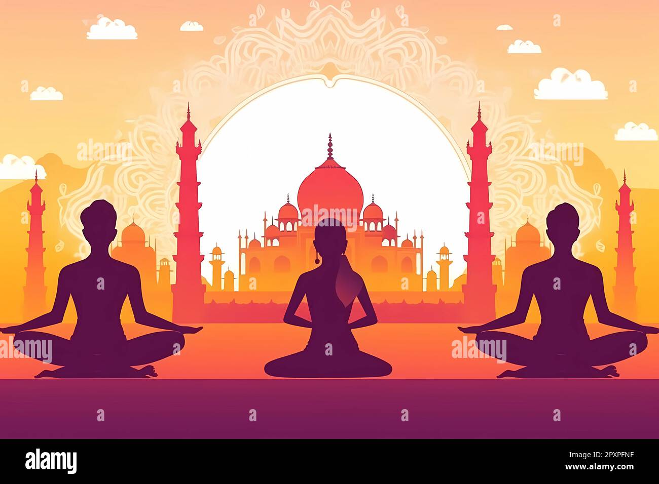 International Day of Yoga A graphic of a yoga scene with a mosque in ...