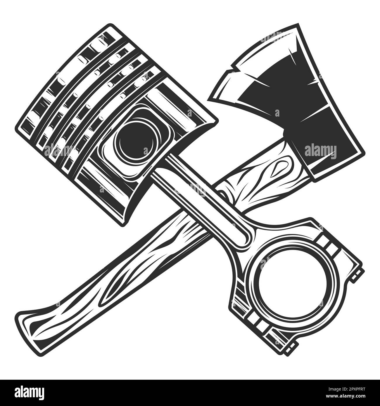Engine piston and lumberjack axe from construction business on white ...