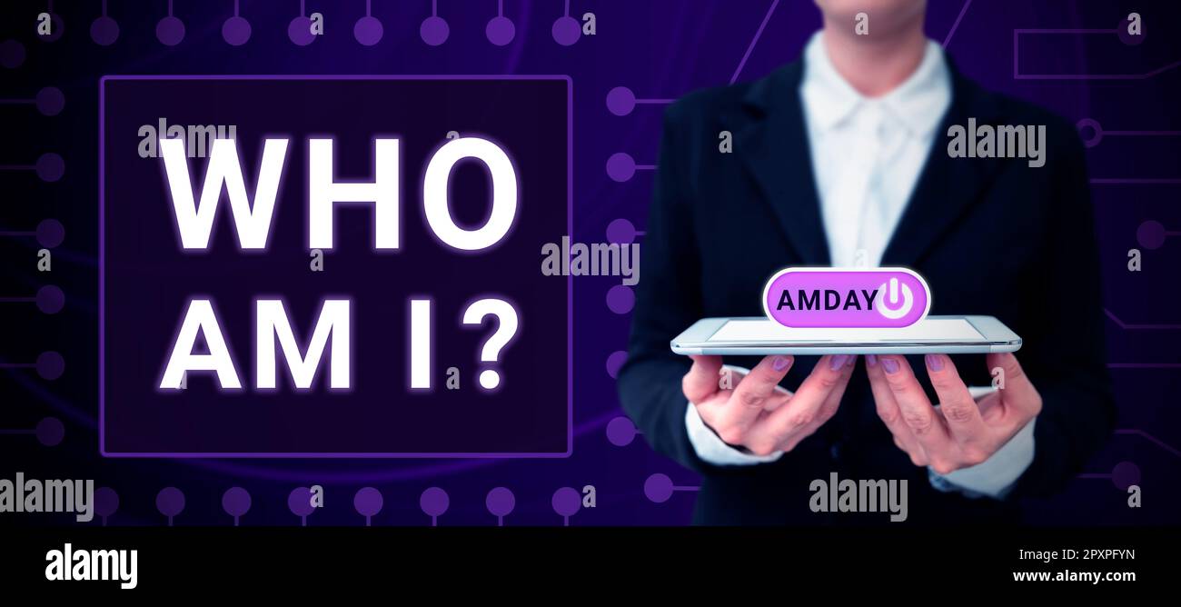 Hand writing sign Who Am I, Business approach when being asked about ...