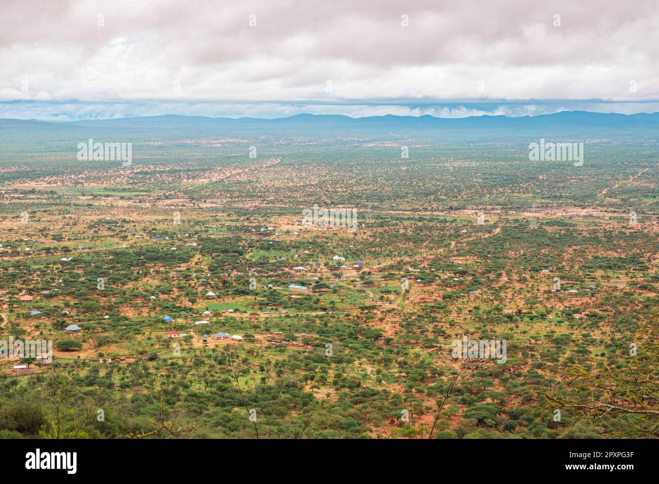 Aerial view of Longido township in Tanzania with Mount Meru at the ...