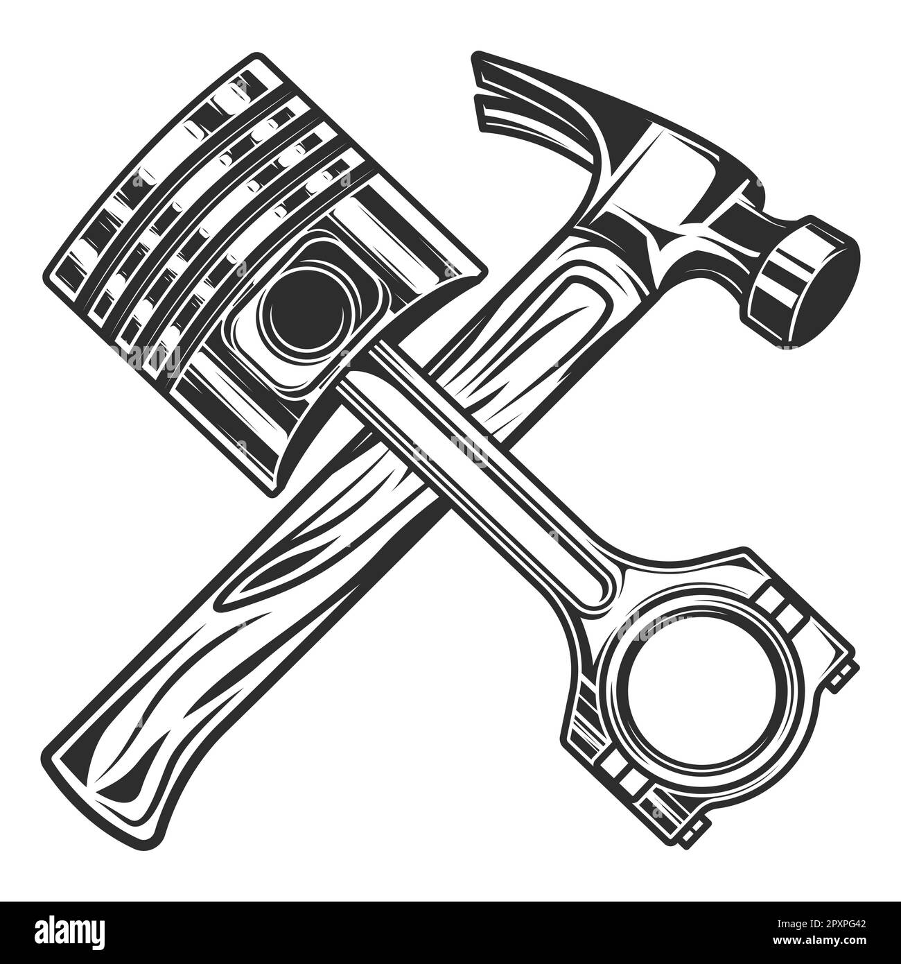 Engine piston and carpenter hammer construction business on white ...