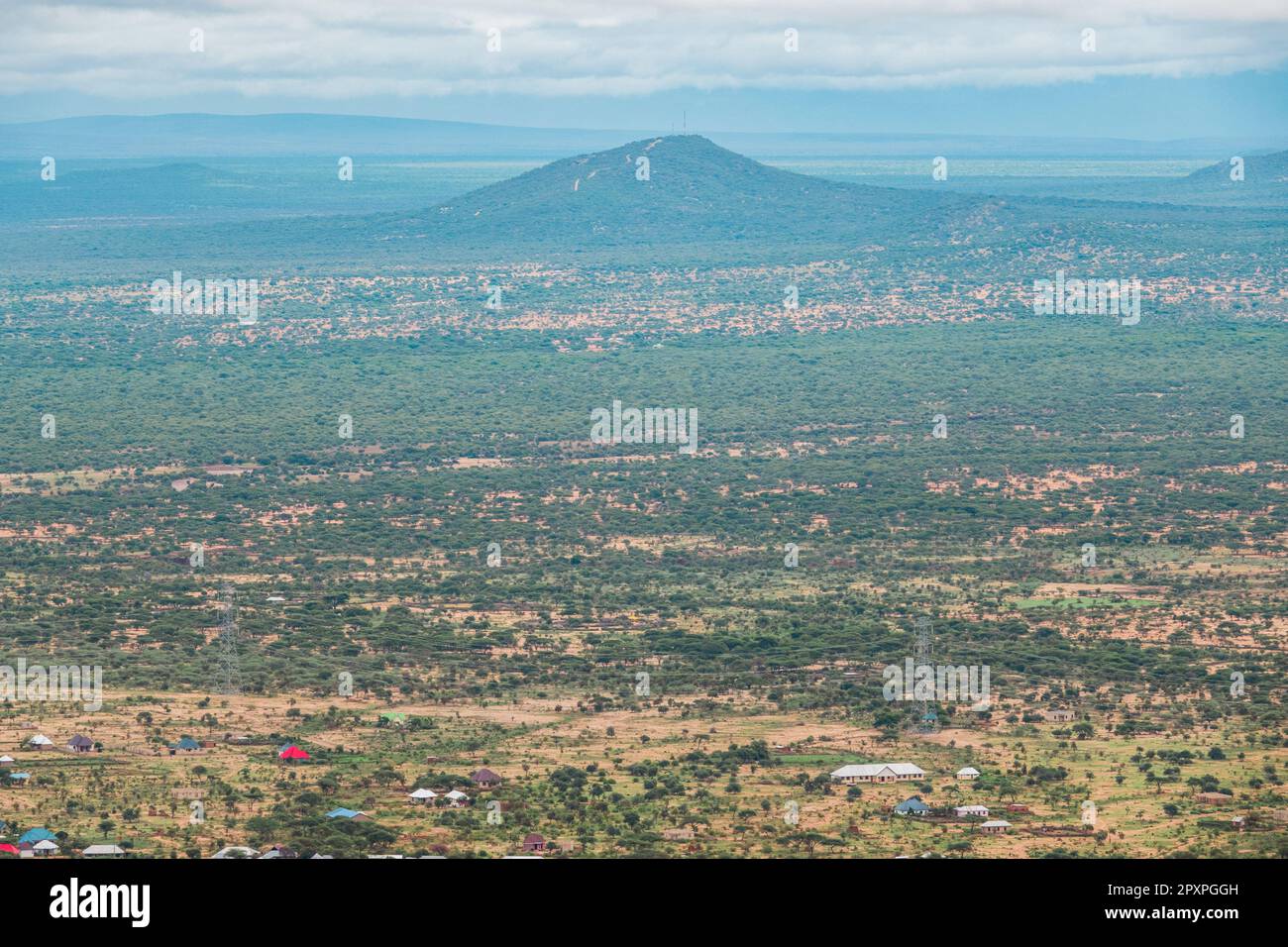 Aerial view of Longido township in Tanzania with Mount Meru at the ...