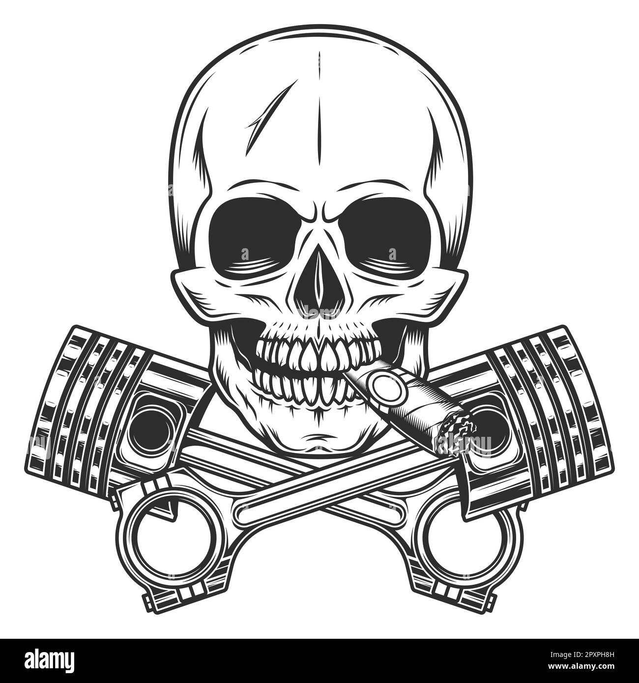 Biker motorcyclist driver skull smoking cigar or cigarette and crossed ...