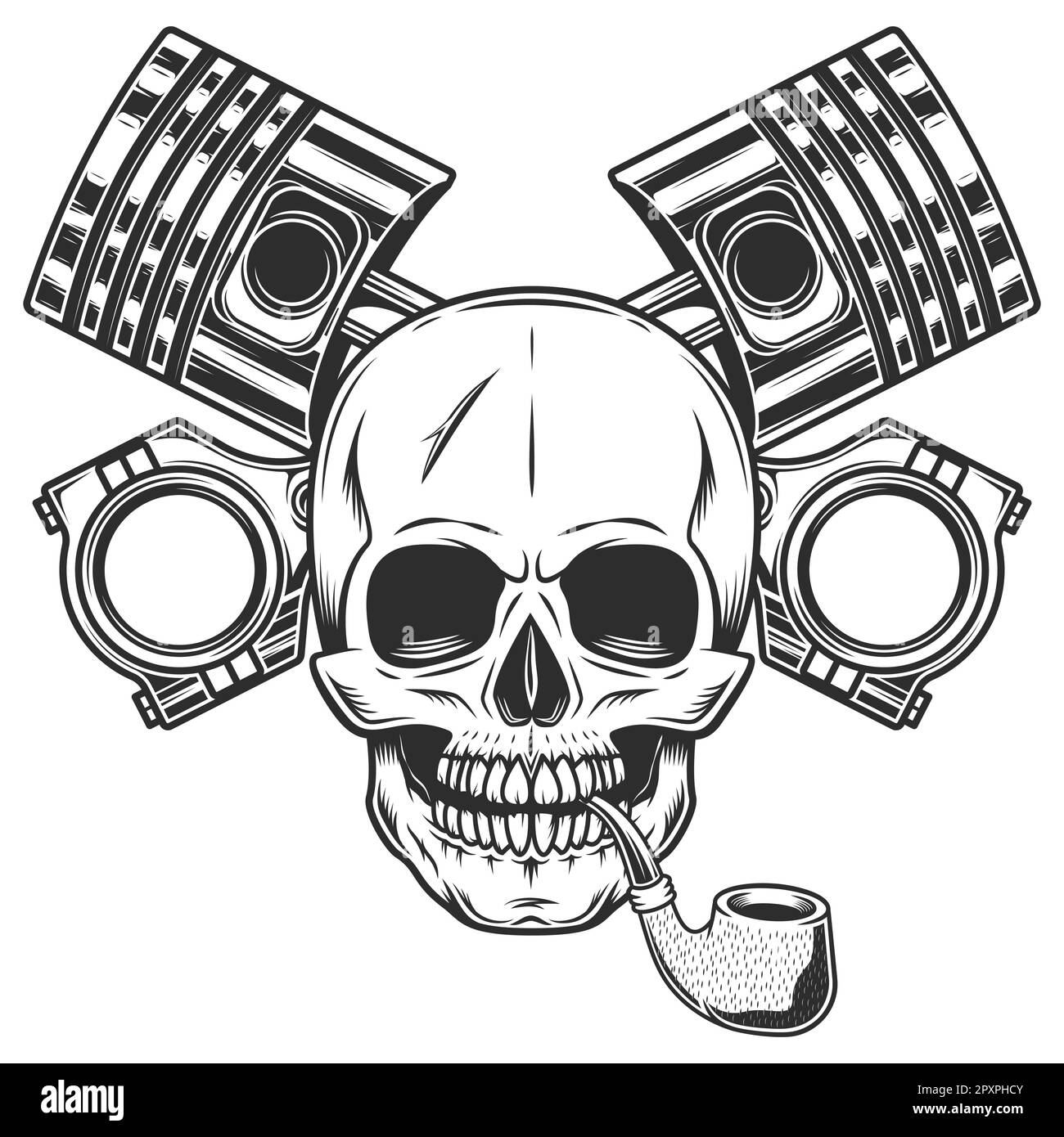 Motorcyclist driver biker skull smoking pipe and crossed engine pistons ...
