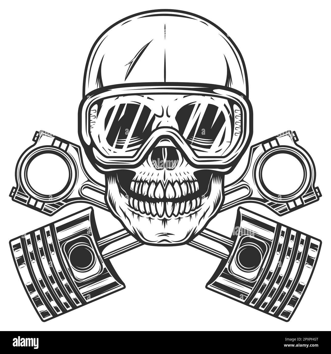 Motorcyclist biker skull in construction safety glasses and crossed ...