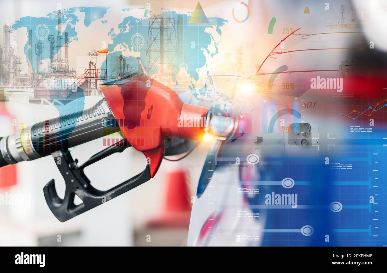 Car fueling at gas station. Refuel fill up with petrol gasoline. Blur ...