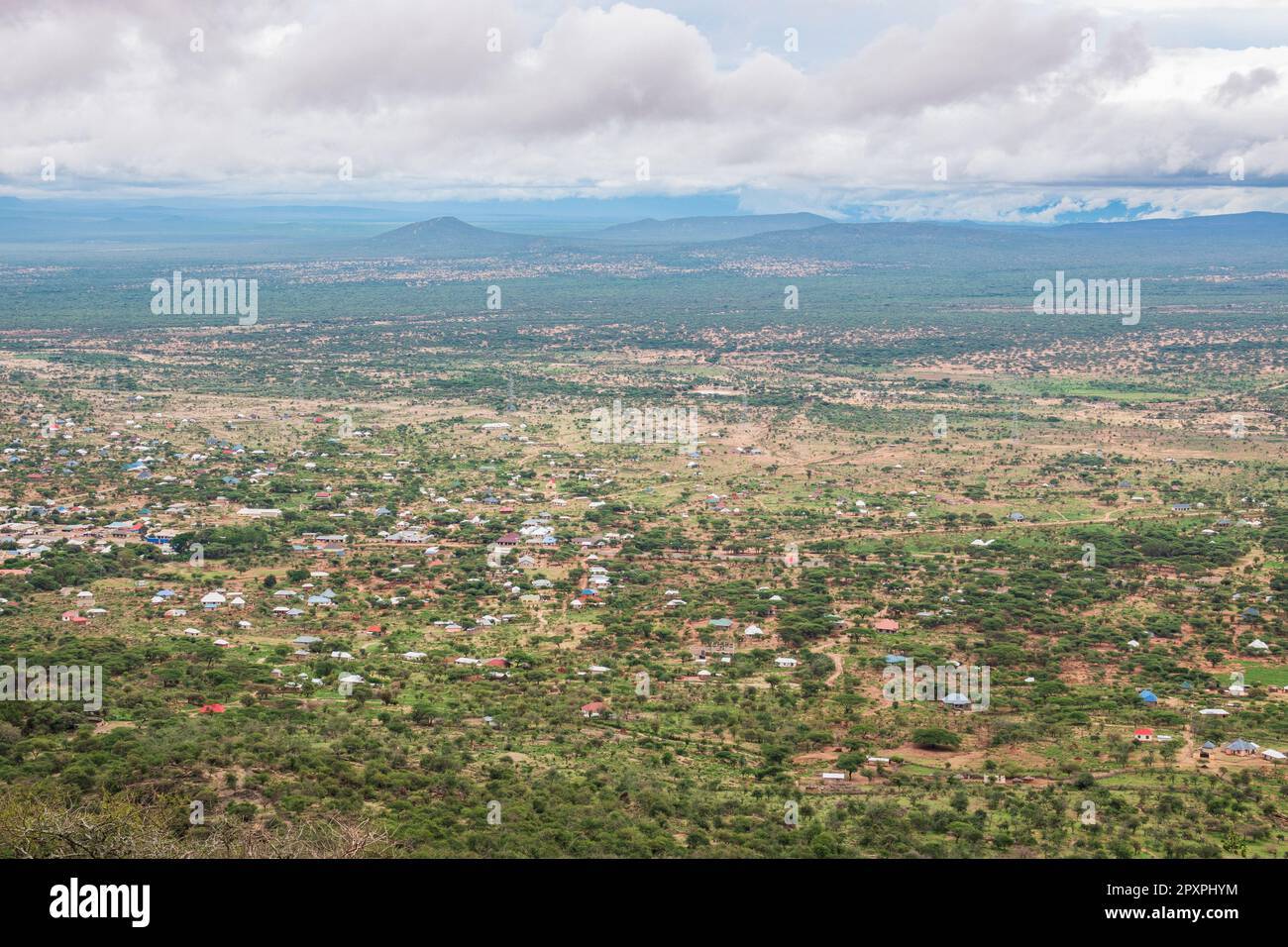 Aerial view of Longido township in Tanzania with Mount Meru at the ...