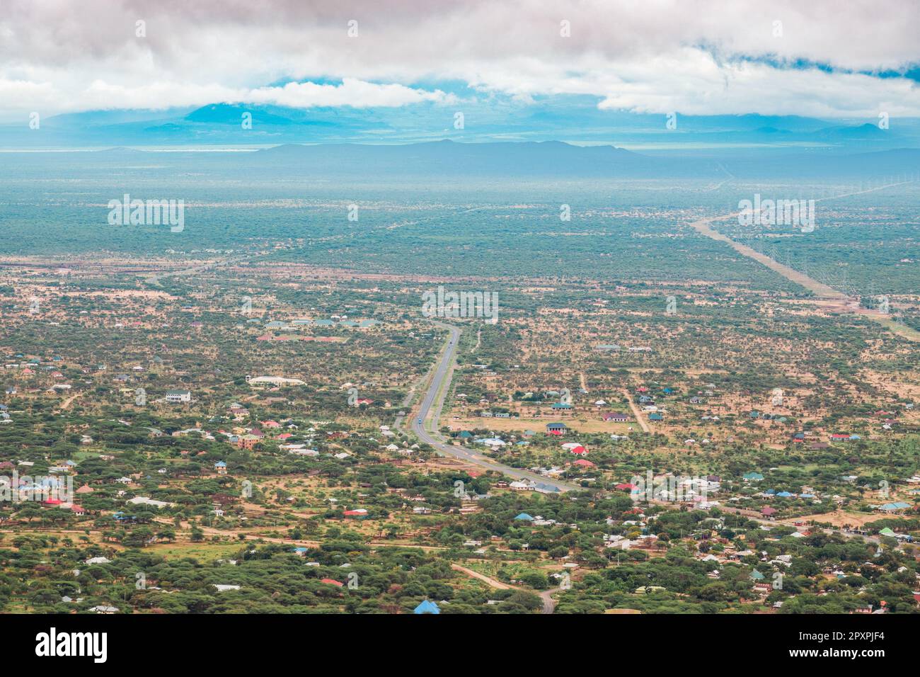 Aerial view of Longido township in Tanzania with Mount Meru at the ...