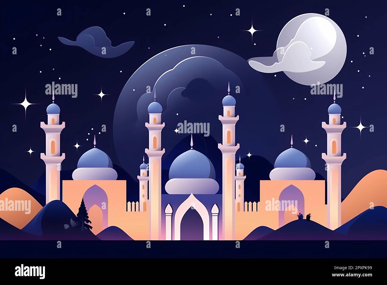 A cartoon illustration of a mosque at night with a moon behind it Stock ...