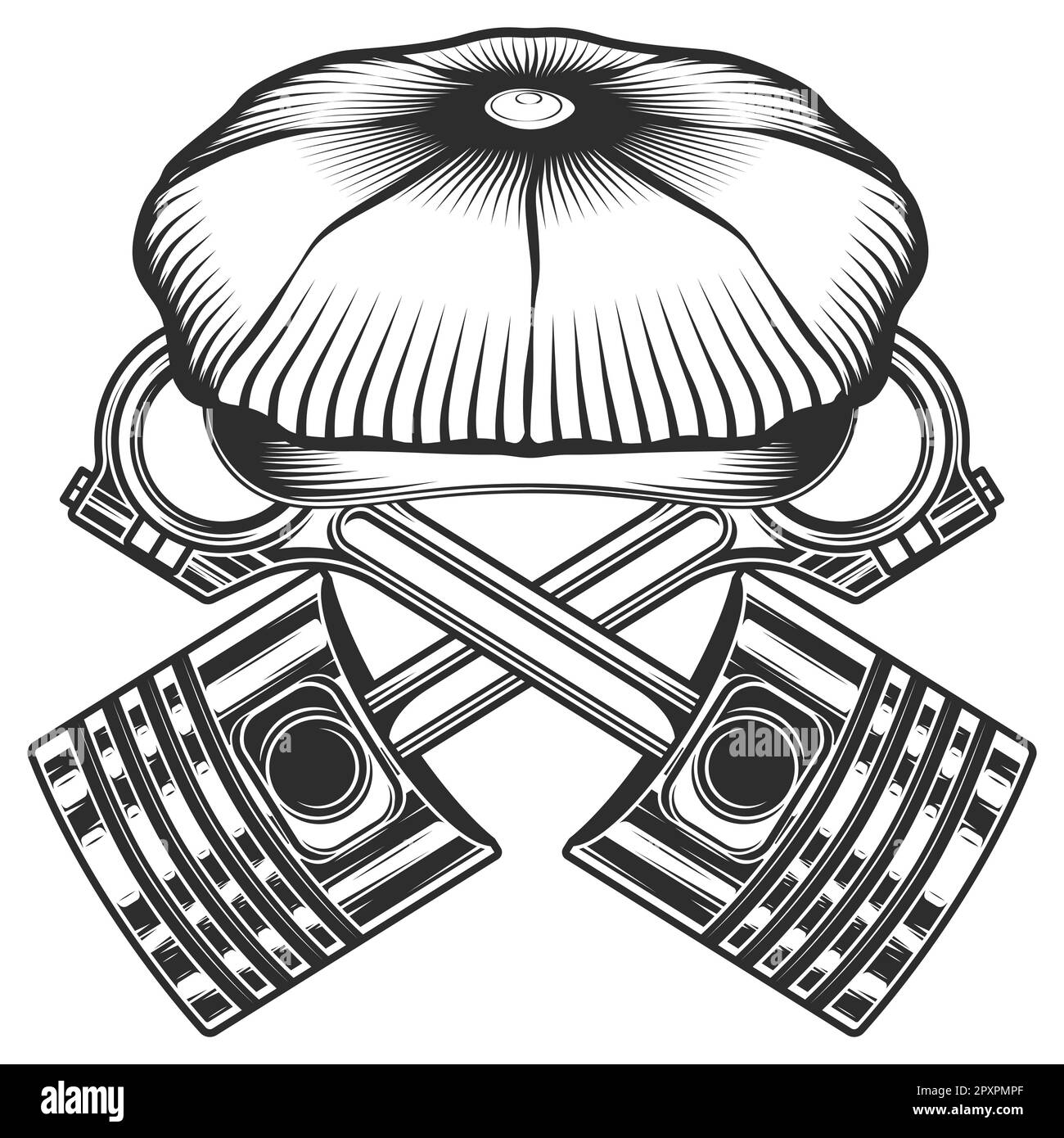 Engine piston and flat cap on white background isolated monochrome ...