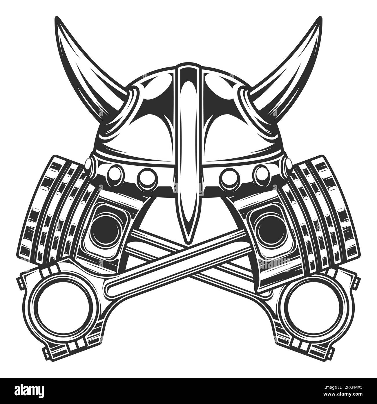 Engine piston and horned viking helmet on white background isolated ...